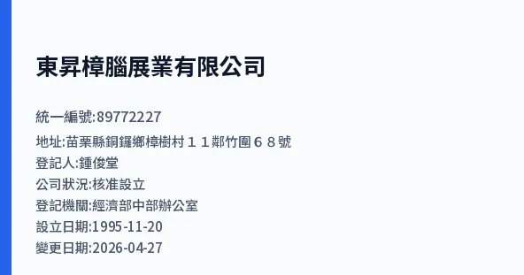 東昇樟腦展業有限公司的照片-統編 89772227(苗栗縣) 公司登記資料與營業項目詳細圖表