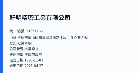 軒明精密工業有限公司的照片-統編 89773268(桃園市) 公司登記資料與營業項目詳細圖表