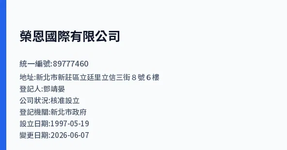榮恩國際有限公司的照片-統編 89777460(新北市) 公司登記資料與營業項目詳細圖表