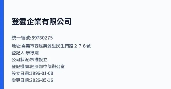 登雲企業有限公司的照片-統編 89780275(嘉義市) 公司登記資料與營業項目詳細圖表