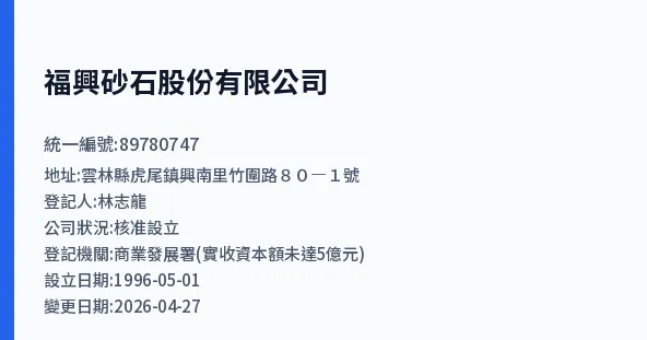 福興砂石股份有限公司的照片-統編 89780747(雲林縣) 公司登記資料與營業項目詳細圖表