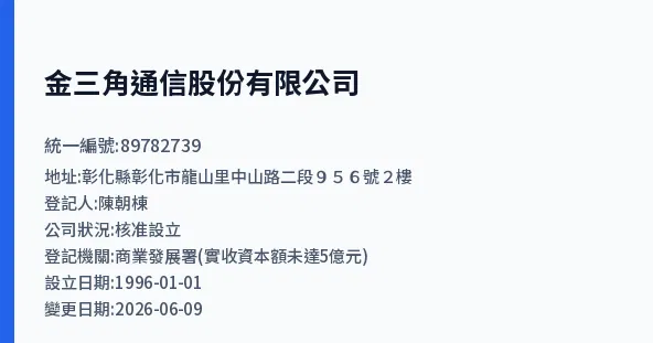 金三角通信股份有限公司的照片-統編 89782739(彰化縣) 公司登記資料與營業項目詳細圖表