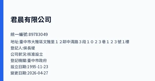 君晨有限公司的照片-統編 89783049(臺中市) 公司登記資料與營業項目詳細圖表
