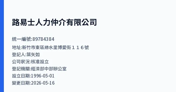 路易士人力仲介有限公司的照片-統編 89784384(新竹市) 公司登記資料與營業項目詳細圖表