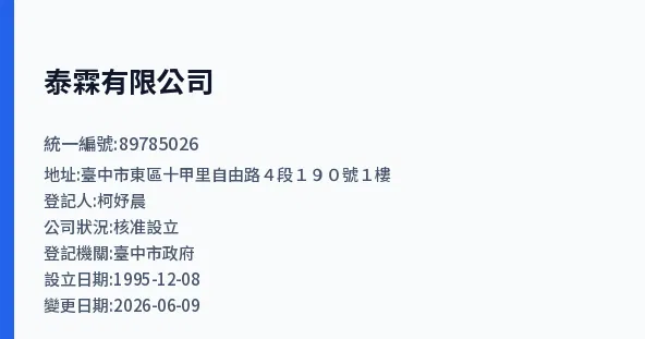 泰霖有限公司的照片-統編 89785026(臺中市) 公司登記資料與營業項目詳細圖表