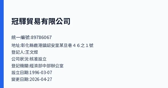 冠驛貿易有限公司的照片-統編 89786067(彰化縣) 公司登記資料與營業項目詳細圖表