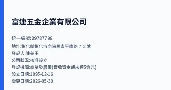 富連五金企業有限公司的照片-統編 89787798(彰化縣) 公司登記資料與營業項目詳細圖表