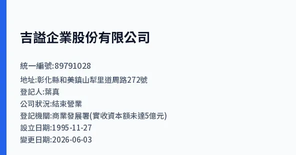 吉謚企業股份有限公司的照片-統編 89791028(彰化縣) 公司登記資料與營業項目詳細圖表