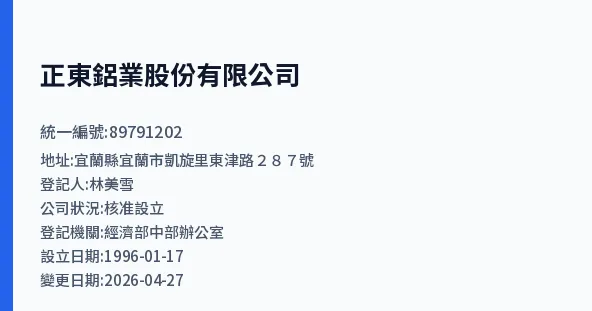 正東鋁業股份有限公司的照片-統編 89791202(宜蘭縣) 公司登記資料與營業項目詳細圖表