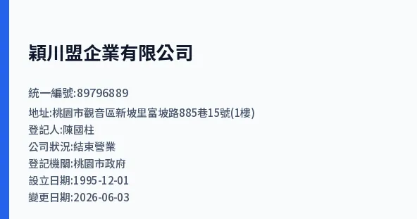 穎川盟企業有限公司的照片-統編 89796889(桃園市) 公司登記資料與營業項目詳細圖表
