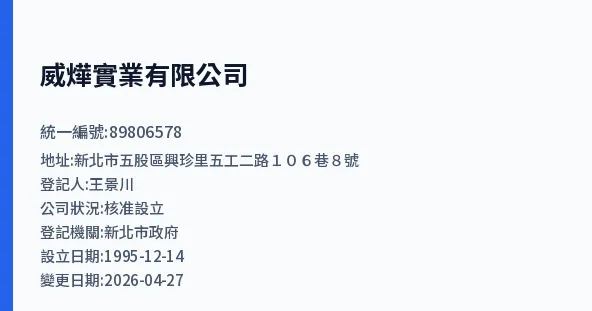 威燁實業有限公司的照片-統編 89806578(新北市) 公司登記資料與營業項目詳細圖表