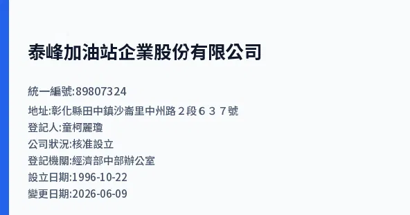 泰峰加油站企業股份有限公司的照片-統編 89807324(彰化縣) 公司登記資料與營業項目詳細圖表