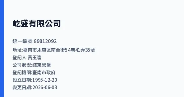 屹盛有限公司的照片-統編 89812092(臺南市) 公司登記資料與營業項目詳細圖表