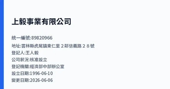 上毅事業有限公司的照片-統編 89820966(雲林縣) 公司登記資料與營業項目詳細圖表