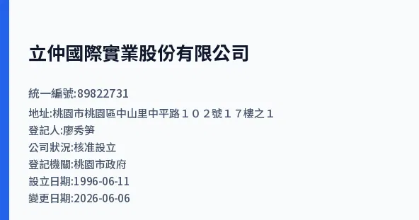 立仲國際實業股份有限公司的照片-統編 89822731(桃園市) 公司登記資料與營業項目詳細圖表