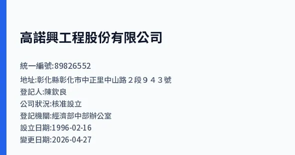 高諾興工程股份有限公司的照片-統編 89826552(彰化縣) 公司登記資料與營業項目詳細圖表