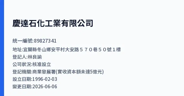 慶達石化工業有限公司的照片-統編 89827341(宜蘭縣) 公司登記資料與營業項目詳細圖表