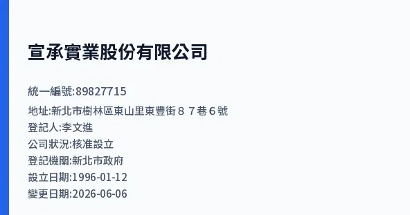 宣承實業股份有限公司的照片-統編 89827715(新北市) 公司登記資料與營業項目詳細圖表