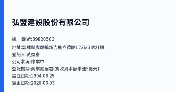 弘盟建設股份有限公司的照片-統編 89828566(雲林縣) 公司登記資料與營業項目詳細圖表