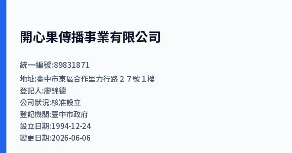 開心果傳播事業有限公司的照片-統編 89831871(臺中市) 公司登記資料與營業項目詳細圖表