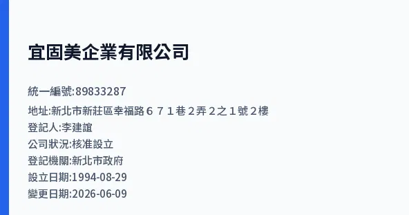 宜固美企業有限公司的照片-統編 89833287(新北市) 公司登記資料與營業項目詳細圖表