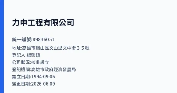 力申工程有限公司的照片-統編 89836051(高雄市) 公司登記資料與營業項目詳細圖表
