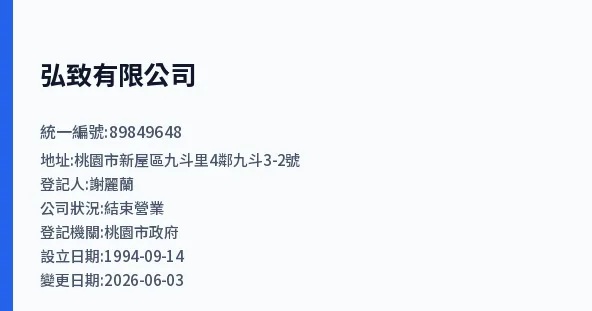 弘致有限公司的照片-統編 89849648(桃園市) 公司登記資料與營業項目詳細圖表