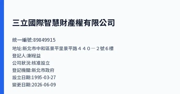 三立國際智慧財產權有限公司的照片-統編 89849915(新北市) 公司登記資料與營業項目詳細圖表