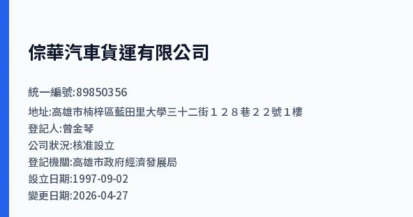 倧華汽車貨運有限公司的照片-統編 89850356(高雄市) 公司登記資料與營業項目詳細圖表