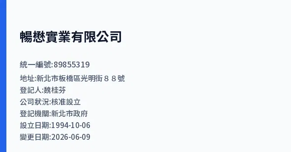 暢懋實業有限公司的照片-統編 89855319(新北市) 公司登記資料與營業項目詳細圖表