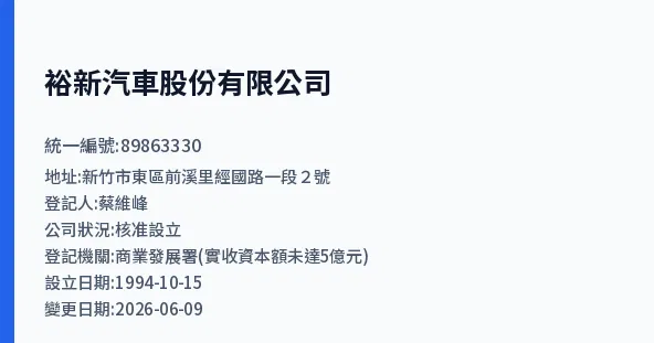 裕新汽車股份有限公司的照片-統編 89863330(新竹市) 公司登記資料與營業項目詳細圖表