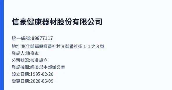信豪健康器材股份有限公司的照片-統編 89877117(彰化縣) 公司登記資料與營業項目詳細圖表