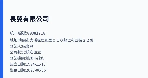 長翼有限公司的照片-統編 89881718(桃園市) 公司登記資料與營業項目詳細圖表