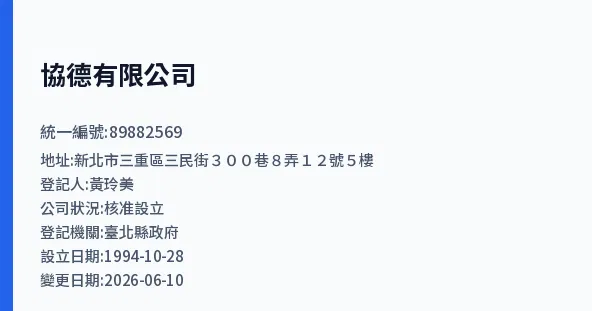 協德有限公司的照片-統編 89882569(新北市) 公司登記資料與營業項目詳細圖表