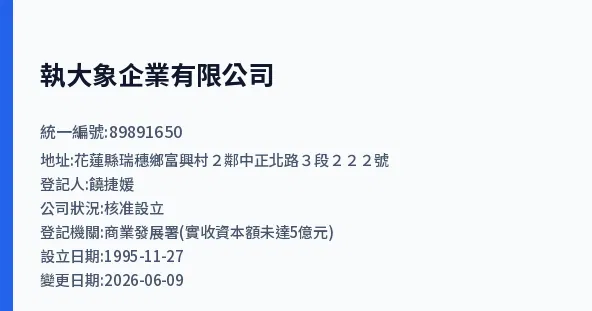 執大象企業有限公司的照片-統編 89891650(花蓮縣) 公司登記資料與營業項目詳細圖表