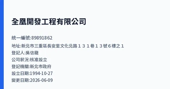 全凰開發工程有限公司的照片-統編 89891862(新北市) 公司登記資料與營業項目詳細圖表