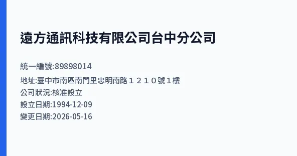 遠方通訊科技有限公司台中分公司的照片-統編 89898014(臺中市) 公司登記資料與營業項目詳細圖表