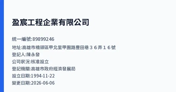 盈宸工程企業有限公司的照片-統編 89899246(高雄市) 公司登記資料與營業項目詳細圖表