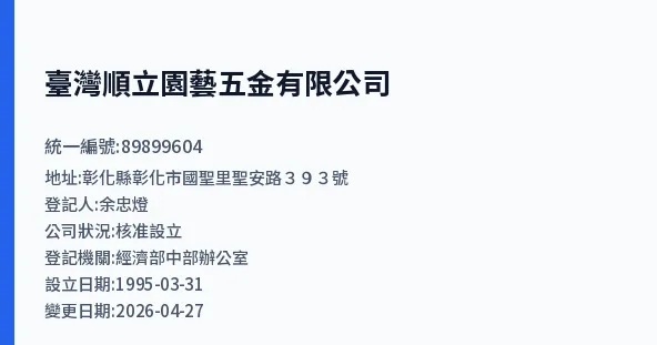 臺灣順立園藝五金有限公司的照片-統編 89899604(彰化縣) 公司登記資料與營業項目詳細圖表