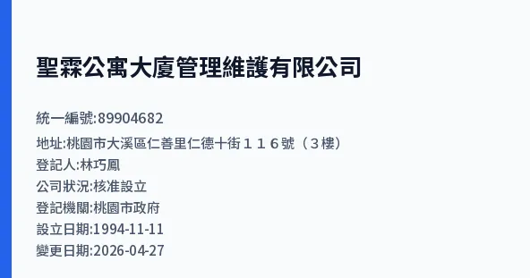 聖霖公寓大廈管理維護有限公司的照片-統編 89904682(桃園市) 公司登記資料與營業項目詳細圖表