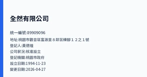 全然有限公司的照片-統編 89909096(桃園市) 公司登記資料與營業項目詳細圖表