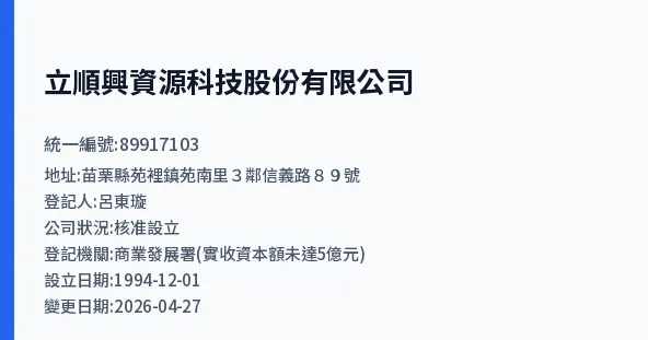 立順興資源科技股份有限公司的照片-統編 89917103(苗栗縣) 公司登記資料與營業項目詳細圖表