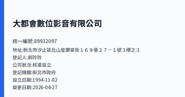 大都會數位影音有限公司的照片-統編 89932097(新北市) 公司登記資料與營業項目詳細圖表