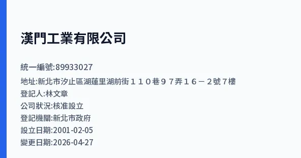漢門工業有限公司的照片-統編 89933027(新北市) 公司登記資料與營業項目詳細圖表