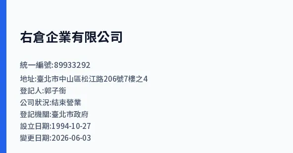 右倉企業有限公司的照片-統編 89933292(臺北市) 公司登記資料與營業項目詳細圖表