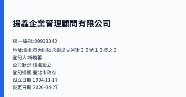 揚鑫企業管理顧問有限公司的照片-統編 89933342(臺北市) 公司登記資料與營業項目詳細圖表