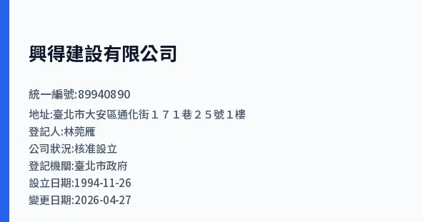 興得建設有限公司的照片-統編 89940890(臺北市) 公司登記資料與營業項目詳細圖表