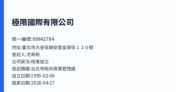 極限國際有限公司的照片-統編 89942784(臺北市) 公司登記資料與營業項目詳細圖表