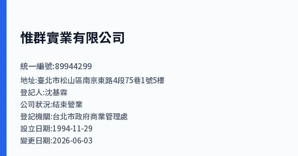 惟群實業有限公司的照片-統編 89944299(臺北市) 公司登記資料與營業項目詳細圖表