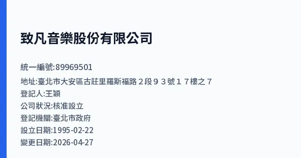 致凡音樂股份有限公司的照片-統編 89969501(臺北市) 公司登記資料與營業項目詳細圖表